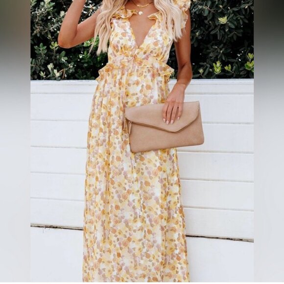 Aakaa | Dresses | Aakaa Rosamund Floral Chiffon Maxi Dress Plunging ...
